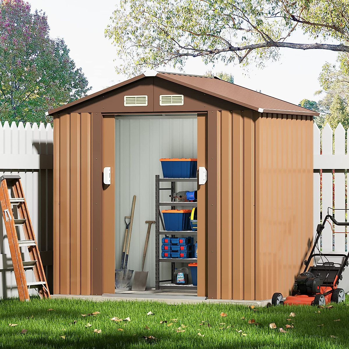HOGYME 7' x 4.2' Metal Outdoor Storage Shed, Galvanized Steel Garden Shed & Outdoor Storage Suitable for Lawn Mower Bike, Backyard Tool Shed with Lockable/Sliding Door and Stable Base, 4 Vents, Coffee