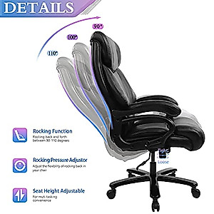 KBest High Back Big & Tall 400lb Office Chair - Heavy Duty Metal Base, Adjustable Built-in Lumbar Support and Tilt Angle Large Bonded Leather Ergonomic Executive Desk Computer Swivel Chair, Black