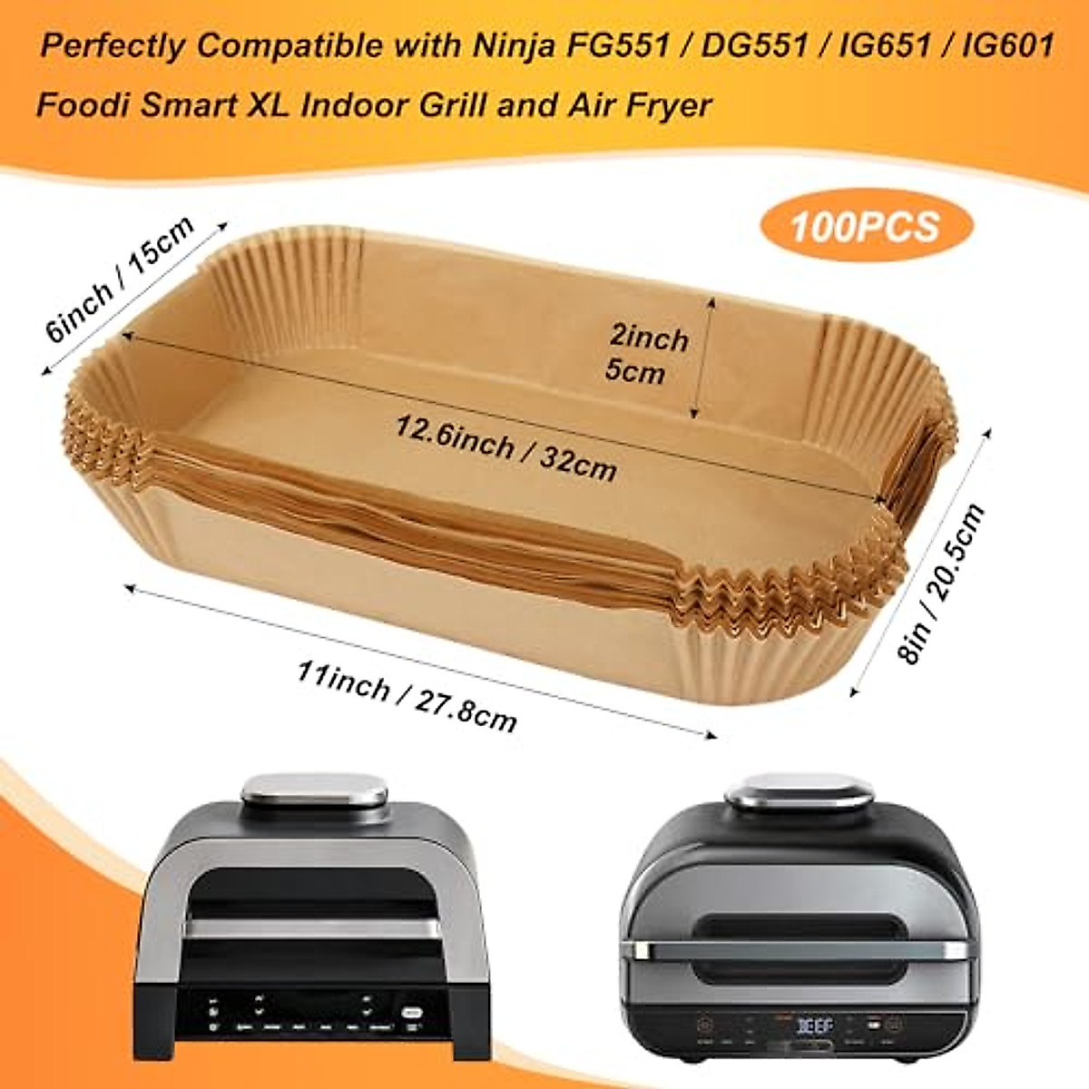 BYKITCHEN Air Fryer Liners for Ninja FG551/DG551/IG651 Foodi Smart XL Indoor Grill, Set of 100, Rectangle Air Fryer Parchment Paper Liners for Ninja XL Grill Air Fryer, Ninja Foodi Grill Accessories