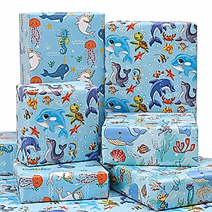 BOLIANNE Ocean Wrapping Paper - Birthday Wrapping Paper for Boys Girls Kids with Cute Whales Dolphins Fishes, 6 Large Sheets Sea Blue Gift Wrap for Baby Shower, Folded Flat, 27 X 37 Inch