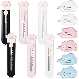 12 Pieces Cute Box Cutter Utility Retractable Knives, 6 Cartoon Cat Claw Box Cutters Pointed, 6 Cloud Pointed Cute Cardboard Cutter Razor Knife Smooth Pointed Mechanism for Office and Home Use