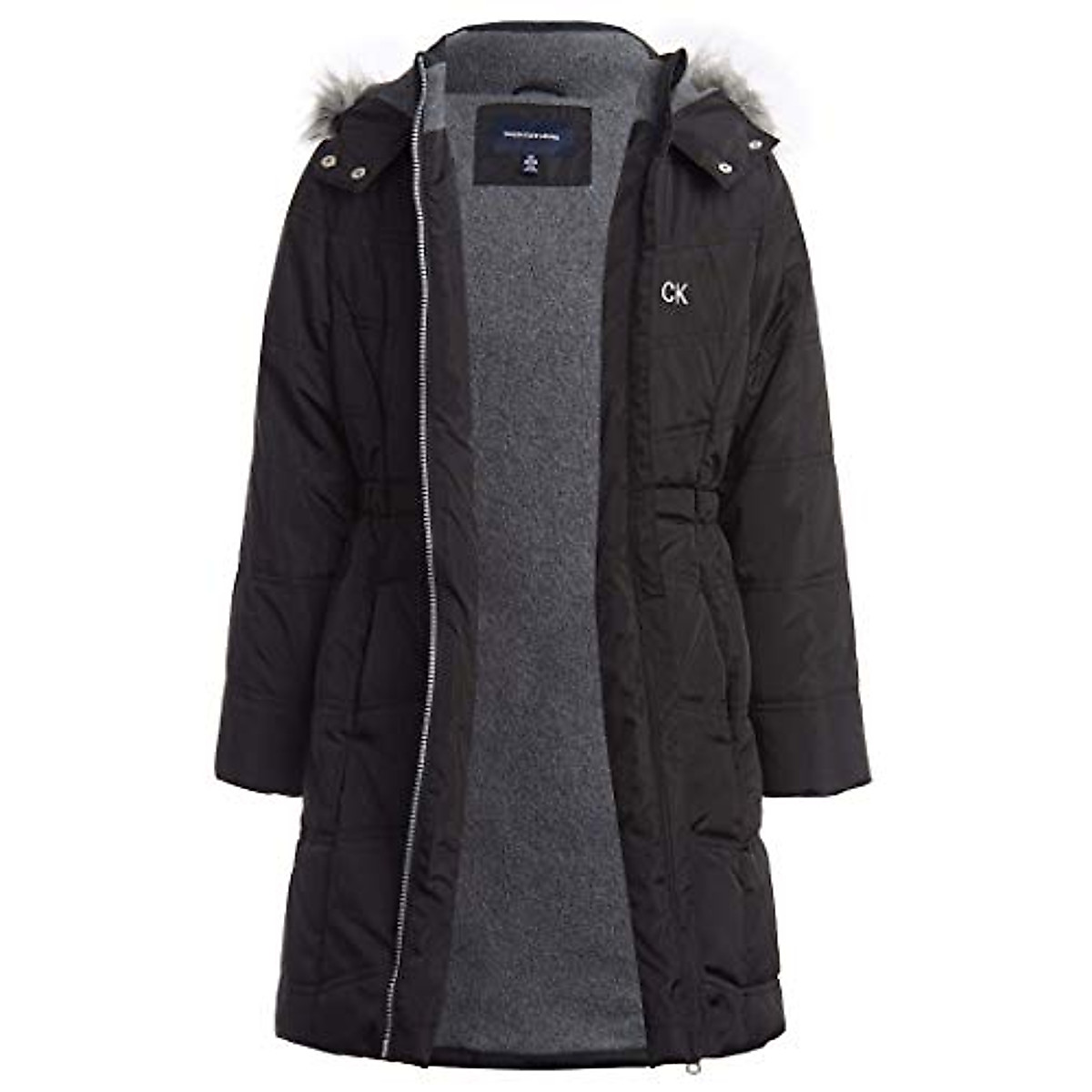 Calvin Klein Girls' Hooded Winter Puffer Jacket, Full-Length Heavy Weight Coat with Fleece Lining, Black Aerial, 4T