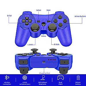 Wireless Controller, 2 Pack Rechargeable Game Controller, Dual Vibration 6-axis Joysticks Gamepad Compatible for 3 Series Console Game, with Charger Cable(BL&RD)