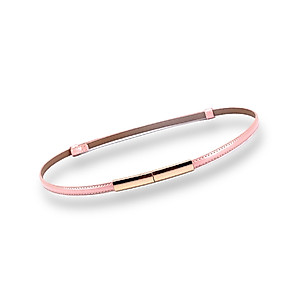 Women's Belt Dress Fashion Patent Leather Belts Adjustable 22"- 36" Skinny Slim Belt Genuine Leather Gold Color Buckle Waistband, Peach-Pink