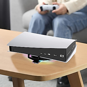 MYLD PS5 LED Console Stand & 5 PCS Vinyl Logo Underlay Sticker, Adjustable RGB Led Light for PS5 Base, Multi-Color LED Light Accessories for Playstation 5 Console (Disc & Digital), USB Powered