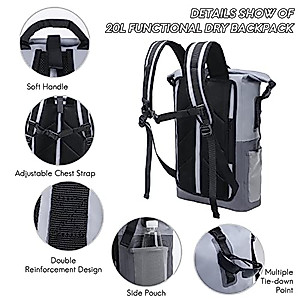 Haimont Dry Bag Waterproof Backpack, Heavy Duty Roll Top Dry Backpack for Men Women SUP, Floating, Sailing, Surfing, 20L, Dark Grey/Light Grey