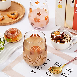 Whaline 3Pcs Groovy Retro Hippie Flower Beer Glass Can Boho Stemless Wine Glasses Rainbow Daisy Flower Face Wine Glasses Thank You Gifts Tumbler Cups for Holiday Party Supplies Decorations, 17oz