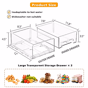 2 Pcs Refrigerator Organizer Bins Pull-Out Drawers, Clear Fridge Drawers, Stackable Fridge Organizer Drawers, Food Storage Containers for Fruit & Vegetables, for Kitchen, Freezers, Storage Rooms