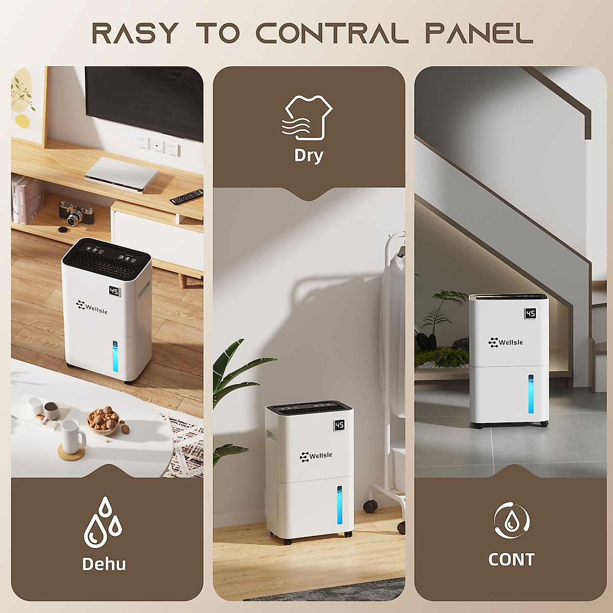 Wellsle 34 Pint Dehumidifier for Bedroom & Basement with Smart Humidity Control, 24HR Timer, Home Dehumidifier with Drain Hose for Continuous Drainage - Quiet Dehumidifier with 3 Working Modes