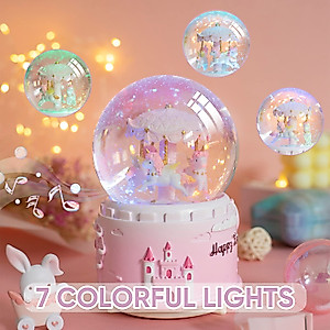 Unicorn Musical Snow Globe for Kids Girls Carousel Music Box with 7 Led Lights Swirling Glitter for Birthday Valentines