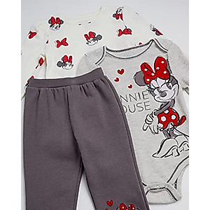 Disney Baby Girls' Jogger Set - 3 Piece Bodysuit, Long Sleeve Shirt Fleece Pant Set: Minnie Mouse, Winnie the Pooh (0-4T), Size 3T, Minnie Red/Charcoal