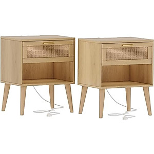 Irontar Nightstands Set of 2, Night Stands with Charging Station & Rattan Drawer, Boho Style Bed Side Tables with Solid Legs, Accent End Table with Open Storage for Bedroom, Natural BZZ007ME02