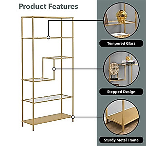 FirsTime & Co. New & Improved Gold Elliot 4-Tier Bookcase, Storage Shelf for Living Room, Bedroom, Bathroom, Kitchen, Home Office, Metal and Glass, Glam, 32.25 x 12 x 68 inches (70469)