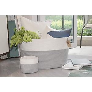 COMFY-HOMI 4pc Baskets = 1pc 21x21x13.6”Rope Laundry Basket + 1pc Tall Rope Baskets 18X16”with Handle Laundry Storage Bin + 2pc Small Gift Baskets - White and Grey