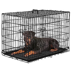 PayLessHere Large Dog Crate Kennel for Medium Large Dogs Metal Dog Cage Double-Door Folding Travel Indoor Outdoor Puppy Playpen with Divider and Handle Plastic Tray (42 Inch, Black)