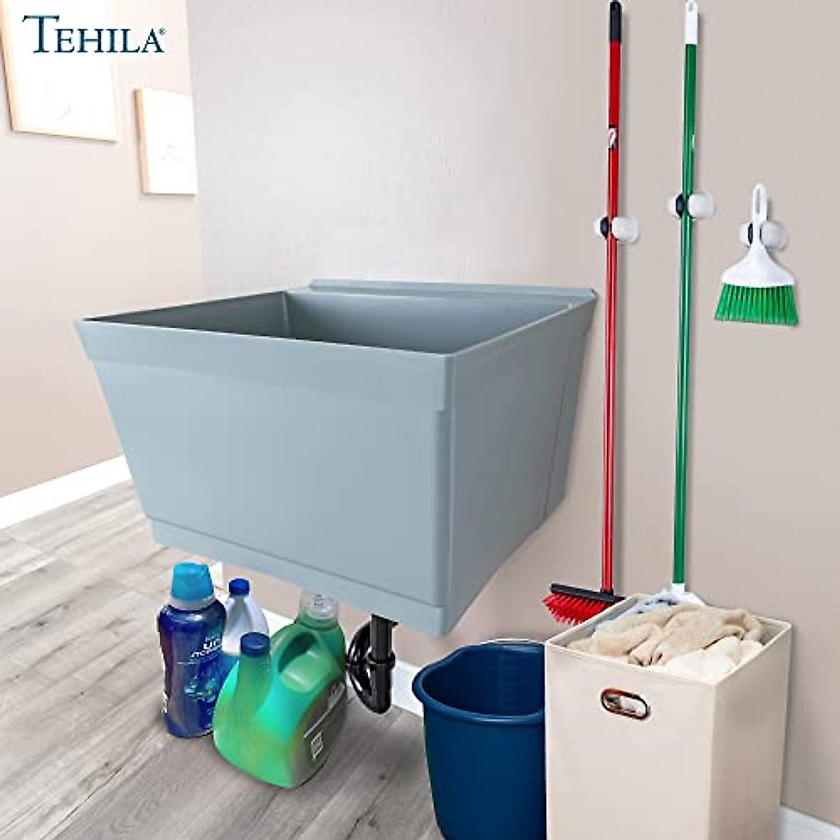 JS Jackson Supplies Tehila Grey Wall-Mounted Utility Sink Tub Kit, Wall-Mounted Utility Tub with Wall Bracket, Floating Utility Sink for Laundry Room, Garage, Workshop, and More