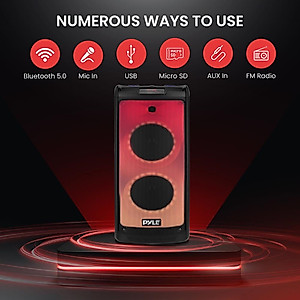 Pyle Portable Bluetooth PA Speaker System - 500W Rechargeable Indoor Outdoor Stereo w/Dual 8” Woofer & Tweeter, Audio Recording, Wireless Microphone, Flaming Light, Radio, MP3/USB/Micro SD, Remote