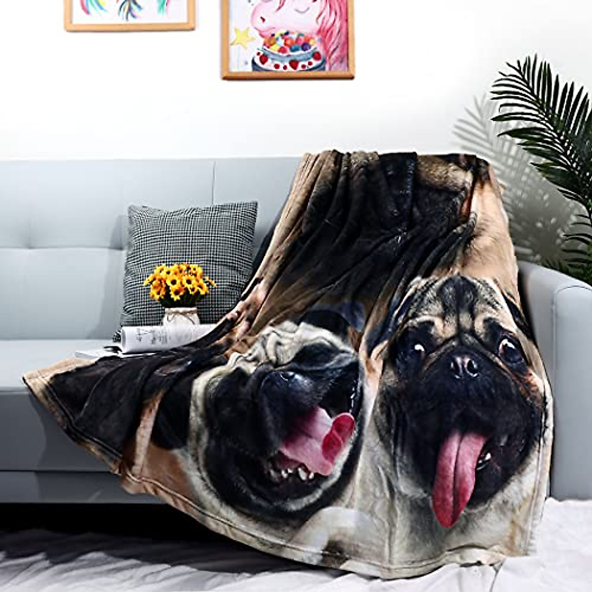 SXCHEN Blankets Plush Sofa Bed Throw Blanket Funny Pug Dogs Pet Animal 60"x80"