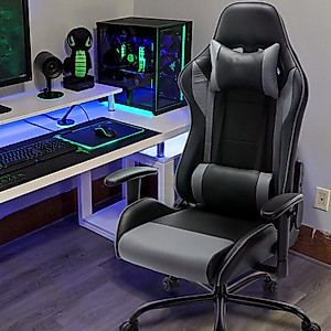 Reclining Gaming Chair - Adjustable Back Angle and Arms High Back PU Leather E-Sports Racing Gamer PC Computer Desk Swivel Office Chair - Grey