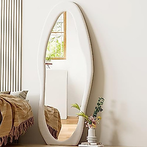 Dewfig Full Length Mirror, 63" x 24"Irregular Mirror, Large Floor Length Mirror Wall Mounted, Standing Mirror with Flannel Wrapped Wooden Frame for Bedroom/Living Room, White