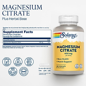 Solaray Magnesium Citrate 400mg - Bone Strength, Muscle Recovery, and Digestion Support - Herbal Base - Vegan, Lab Verified, 60-Day Money-Back Guarantee - 60 Servings, 180 VegCaps