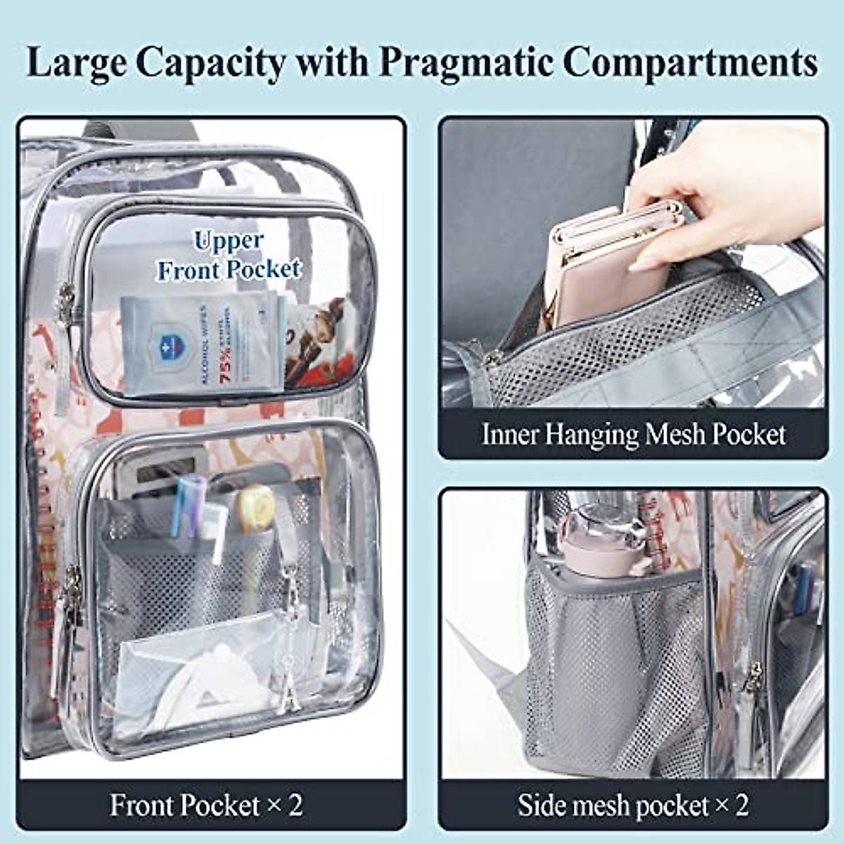 PACKISM Clear Backpack for School - 17" Heavy Duty PVC Transparent Backpacks with Multi-pockets for College Workplace Security, Grey(for age 12 above)