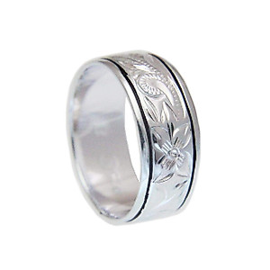 925 sterling silver Hawaiian plumeria scroll black enamel border 8mm ring size 13