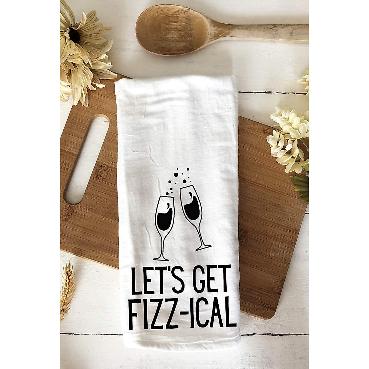 Handmade Funny Kitchen Towel - 100% Cotton Cheeky Champagne Toast Hand Bar Towels for Kitchen - 28x28 Inch Perfect for Hostess Housewarming Christmas Mother’s Day Birthday Gift (Let's Get Fizz-ical)