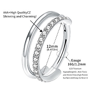 VOJO G23 Titanium 16G Cartilage Septum Hoop Piercing Jewelry Double Row Plated CZ Beads Conch Nose Rings Tragus for Women Men (12mm/0.472in, CZ Silver)