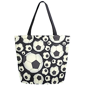 ZzWwR Cute Soccer and Football Balls Pattern Large Canvas Gym Beach Travel Reusable Grocery Shopping Tote Bag Foldable Handbag,Black White