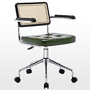 Zesthouse Modern Home Office Chair Leather Desk Chair with Rattan Back, Vanity Chair for Girls Women, Upholstered Tufted Swivel Armchair for Bedroom Living Room,Height Adjustable Computer Task Chair