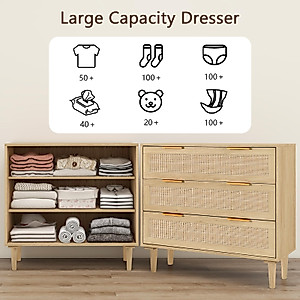 YMBSBUY Rattan Dresser for Bedroom 3 Drawer Storage Closet Dresser Chest of Drawers, Wood Kids Dresser for Bedroom, Living Room, Nursery, Hallway, Entryway, Oak
