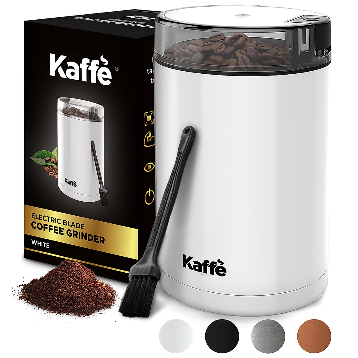 Kaffe Coffee Grinder Electric - Spice Grinder w/Cleaning Brush, Easy On/Off - Perfect for Espresso, Herbs, Spices, Nuts, Grain - 3.5oz / 14 Cup (Blade Grinder, White)