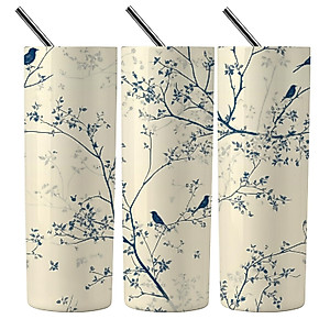 Medpol Flower and bird tumbler with lid and straw 20 oz insulated tumbler cups Minimally printed flower and bird insulated travel coffee mugs for women cute sippy cups stainless insulated travel cups