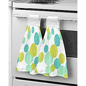 CyCoShower Hanging Hand Towels Kitchen Towel Simple Blue and Lime Green Polka Dots Bathroom Hand Towels with Loop Tie Towels Soft,Absorbent Tea Bar Towels,2pcs
