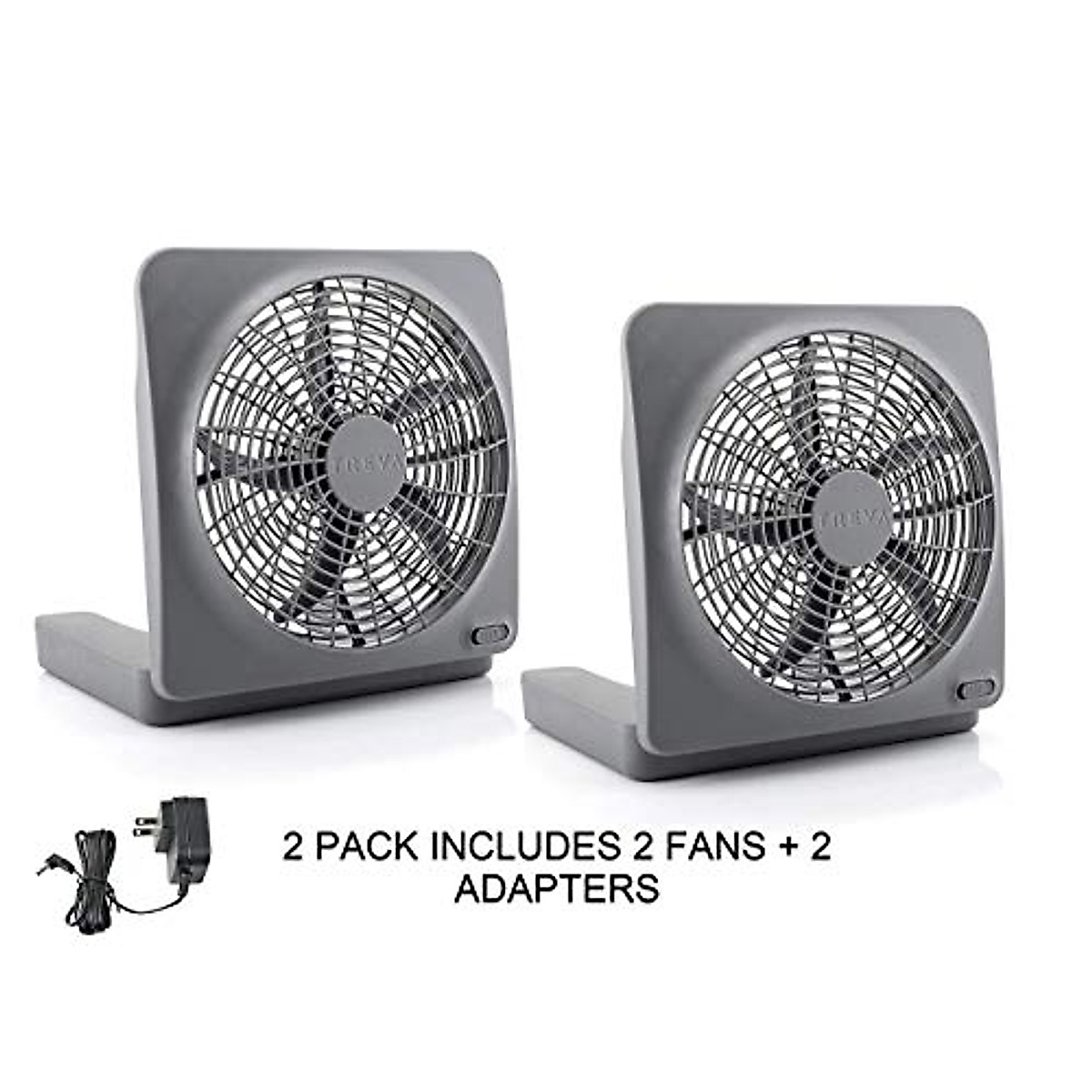 Treva 10-Inch Portable Desktop Air Circulation Battery Fan, 2 Speed, Compact Folding & Tilt Design, with AC Adapter - 2 Pack (Graphite)
