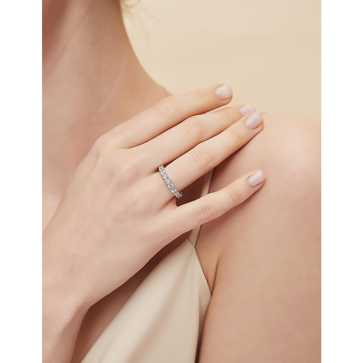 EAMTI 3mm 925 Sterling Silver Wedding Band Round Cubic Zirconia Full Eternity Stackable Engagement Ring For Women Size 7