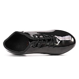 DKZSYIM Tap Shoes Patent Leather Full-Sole Lace-up Dancing Shoes for Girls, Women and Men,Model WX-QD,Black, 9.5 B(M) US