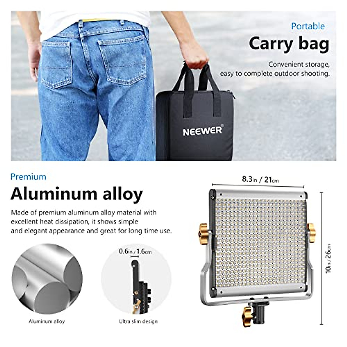 Neewer Dimmable Bi-Color LED with U Bracket Professional Video Light for Studio, YouTube Outdoor Video Photography Lighting Kit, Durable Metal Frame, 480 LED Beads, 3200-5600K, CRI 96+