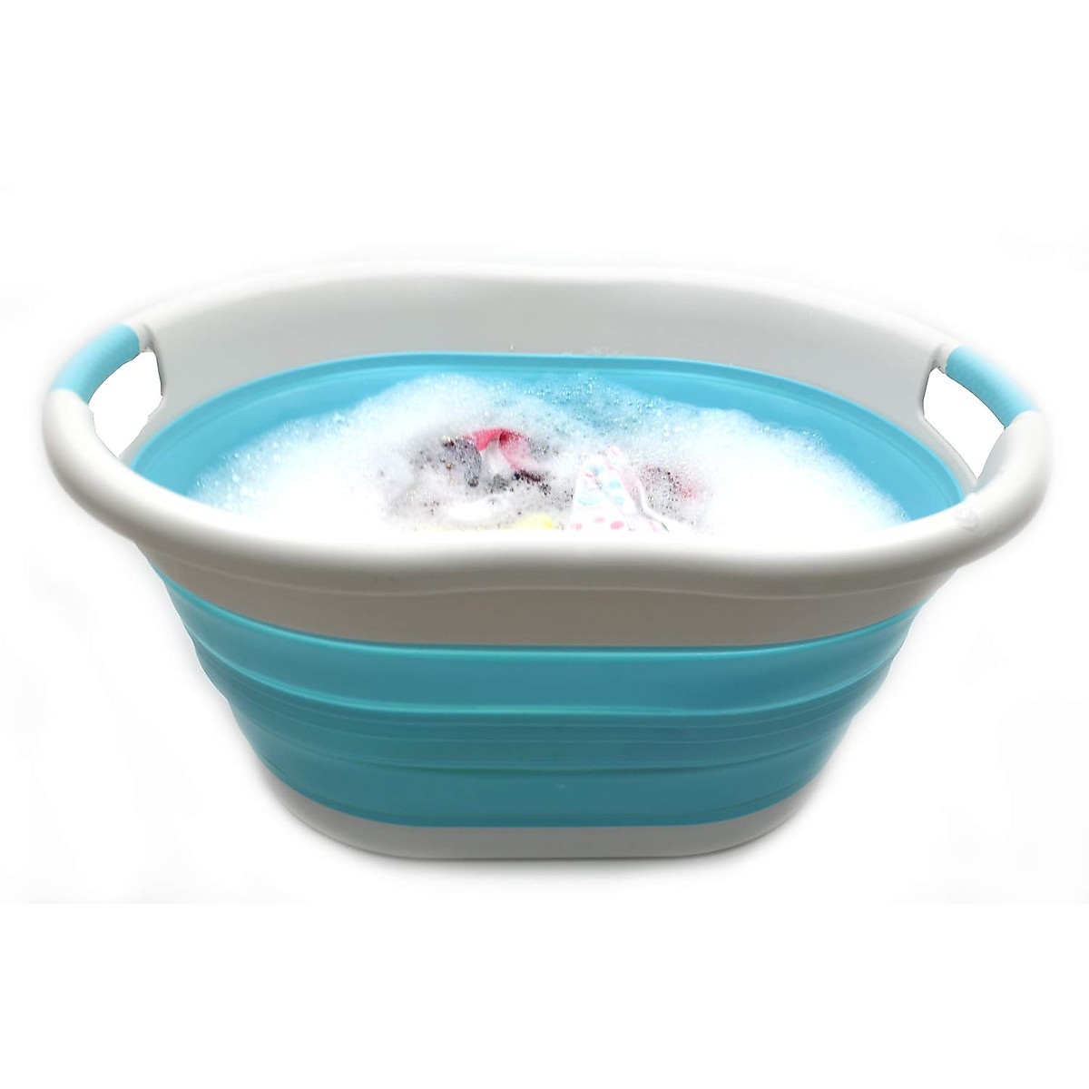 SAMMART 36L (9.5 gallon) Collapsible Plastic Laundry Basket - Oval Tub/Basket - Foldable Storage Container/Organizer - Portable Washing Tub - Space Saving Laundry Hamper, (Oval, Grey/Bright Blue)