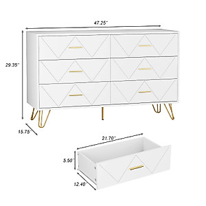 CARPETNAL White Dresser, Modern Dresser for Bedroom, 6 Drawer Double with Wide Drawers and Metal Handles, Wood Dressers & Chest of Hallway, Entryway.