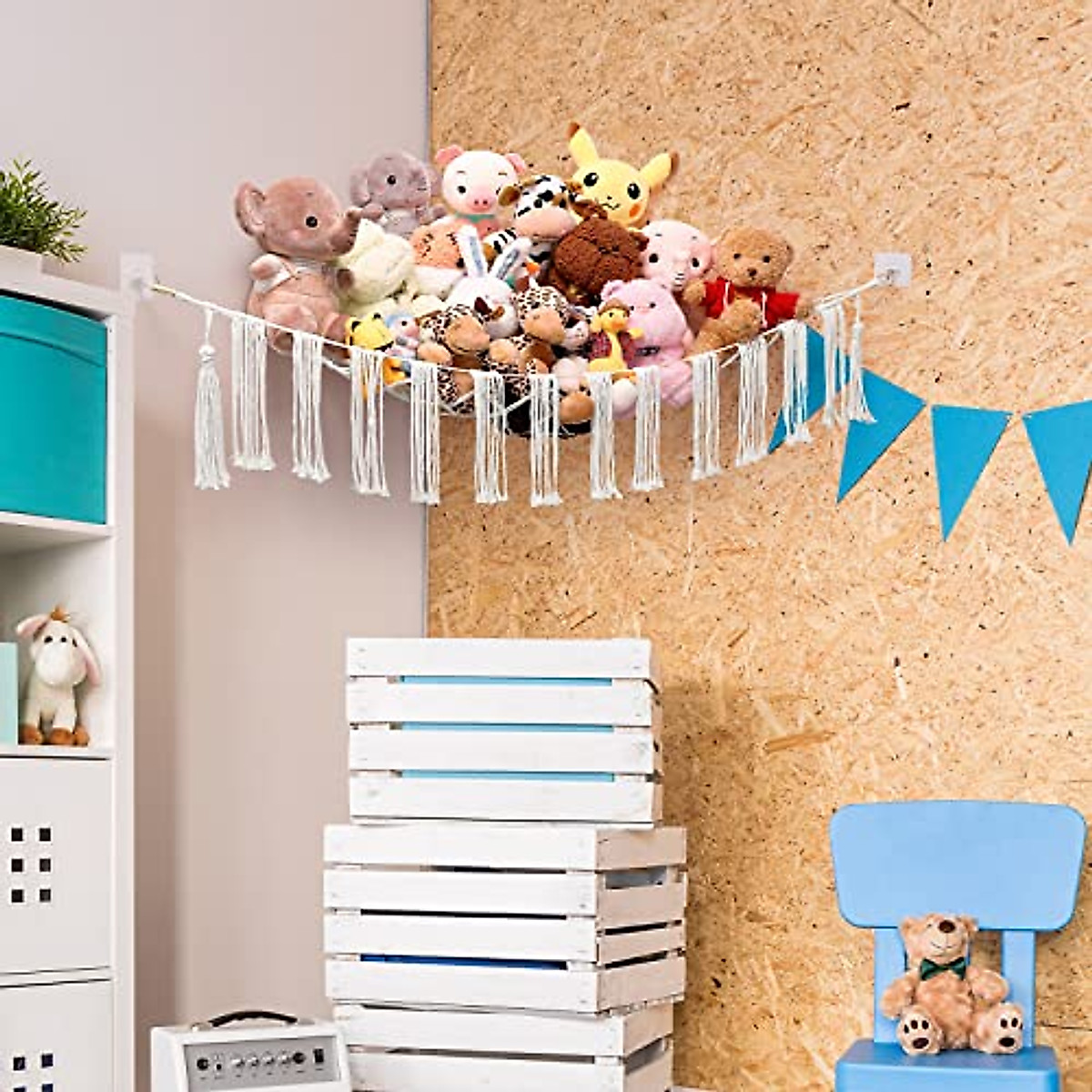 2 Pack Stuffed Animal Toy Hammock Net Macrame Boho Toy Hammock Hanging Stuff Animals Storage Organizer Large Stuffed Toys Corner Mesh Hammock with Hooks and Screw for Nursery Play Bedroom Kid Room