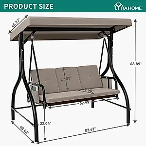 YITAHOME Outdoor Porch Swing, 3 Person Patio Swing Chair with Adjustable Canopy, Removable Cushion,Suitable for Garden, Poolside, Balcony-Grey