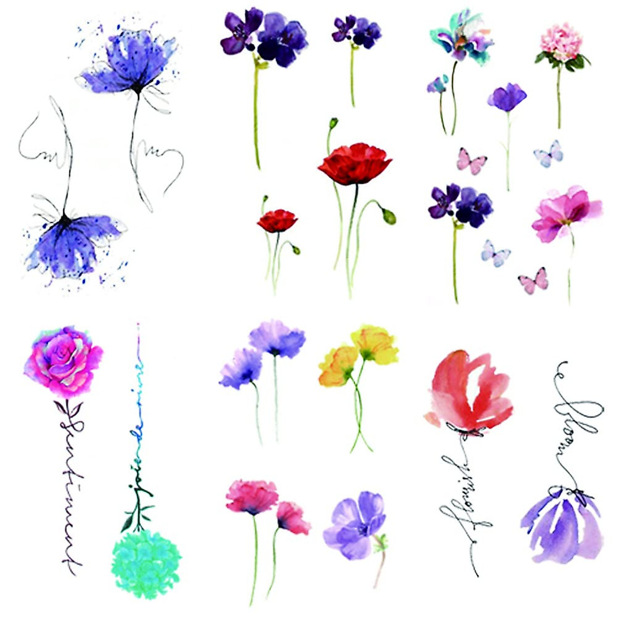 WYUEN 24 Sheets Flower Temporary Tattoo Sticker Women Children Fake Tattoos Body Art Waterproof Face Stickers (W24-04)