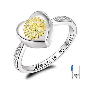 Fookduoduo Sterling Silver Sunflower Urn Ring Creamation Jewelry for Ashes Always in My Heart Urn Finger Rings for Women for Remembrance Keepsake Gift for Loss of Loved Furry Friend (7)