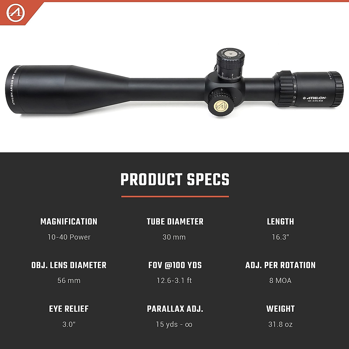 Athlon Optics Argos BTR GEN2 10-24x56 Riflescope - BLR SFP IR MOA, Black