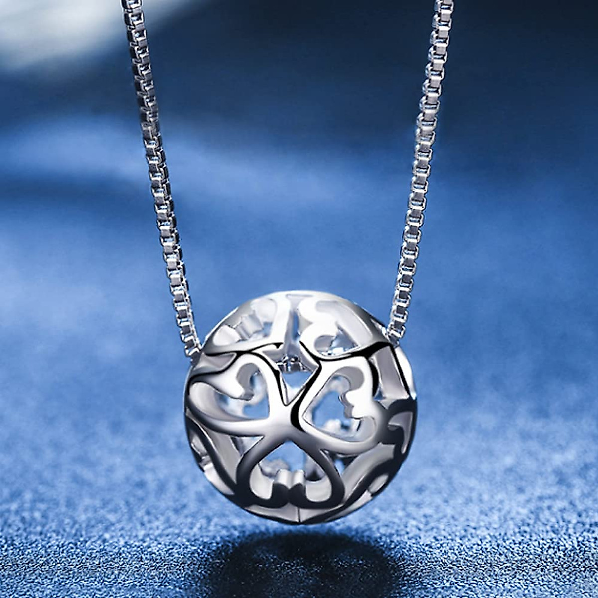 Dankadi Women 925 Sterling Silver Necklace - Pattern Hollow Ball Pendant Choker- Charm Box Chain 17" - Italian Silver Fine Jewelry Gift