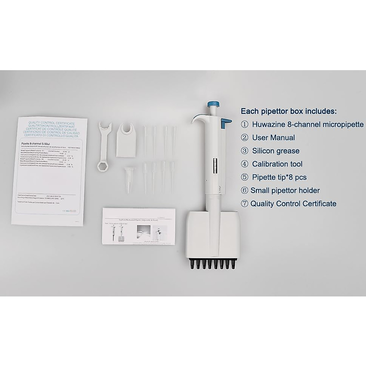 Huwazine Lab micropipette, 8-Channel Adjustable Volume Pipettor,Autoclavable Lower Section (0.5-10ul)