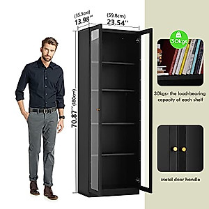 MAGICUBE Bookcase Metal with Plexi-Glass Doors and 4 Adjustable Shelves, 5-Tier Bookshelf Organizer, Tall Multipurpose Storage Cabinet, Home Decor Furniture for Study, Office, Living Room(Black)