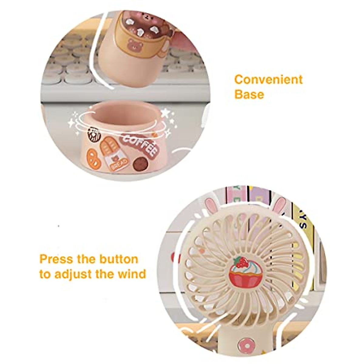 Kawaii Portable Fan with Stickers Kawaii Handheld Fan Kawaii Desk Fan with Standing Base Cute Small Personal Cooling Fan for Girls Room USB Power Rechargeable Fan Quiet Adjustable Airflow (Beige Bunny)